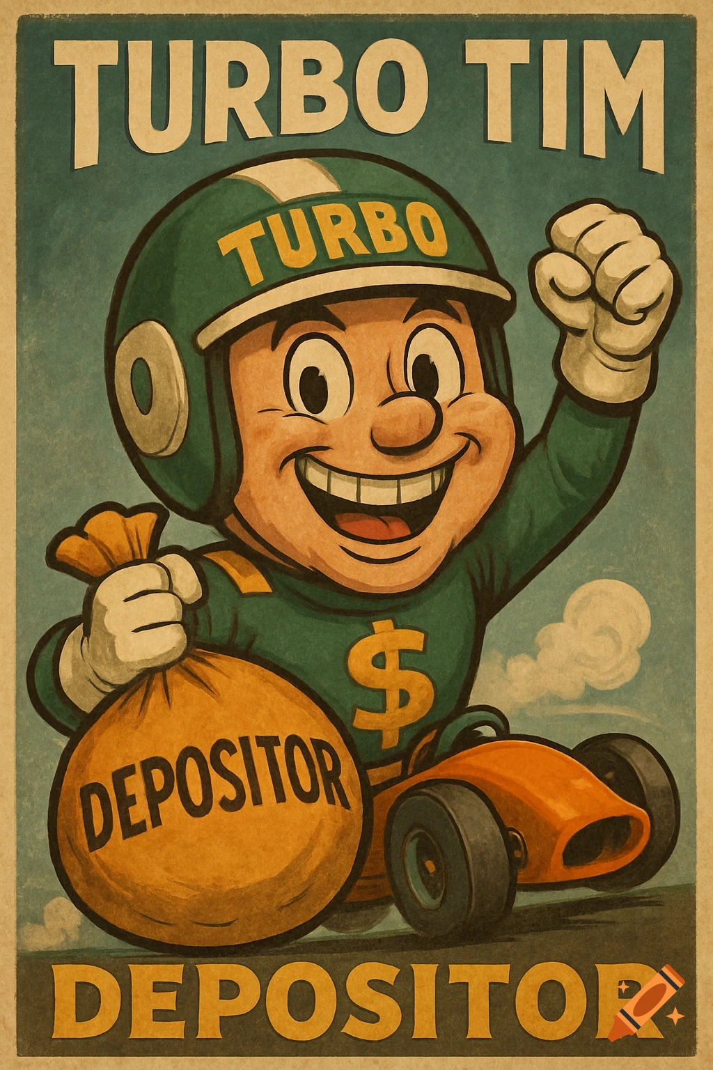 Vintage cartoon poster of Turbo Tim character in racing helmet with ...