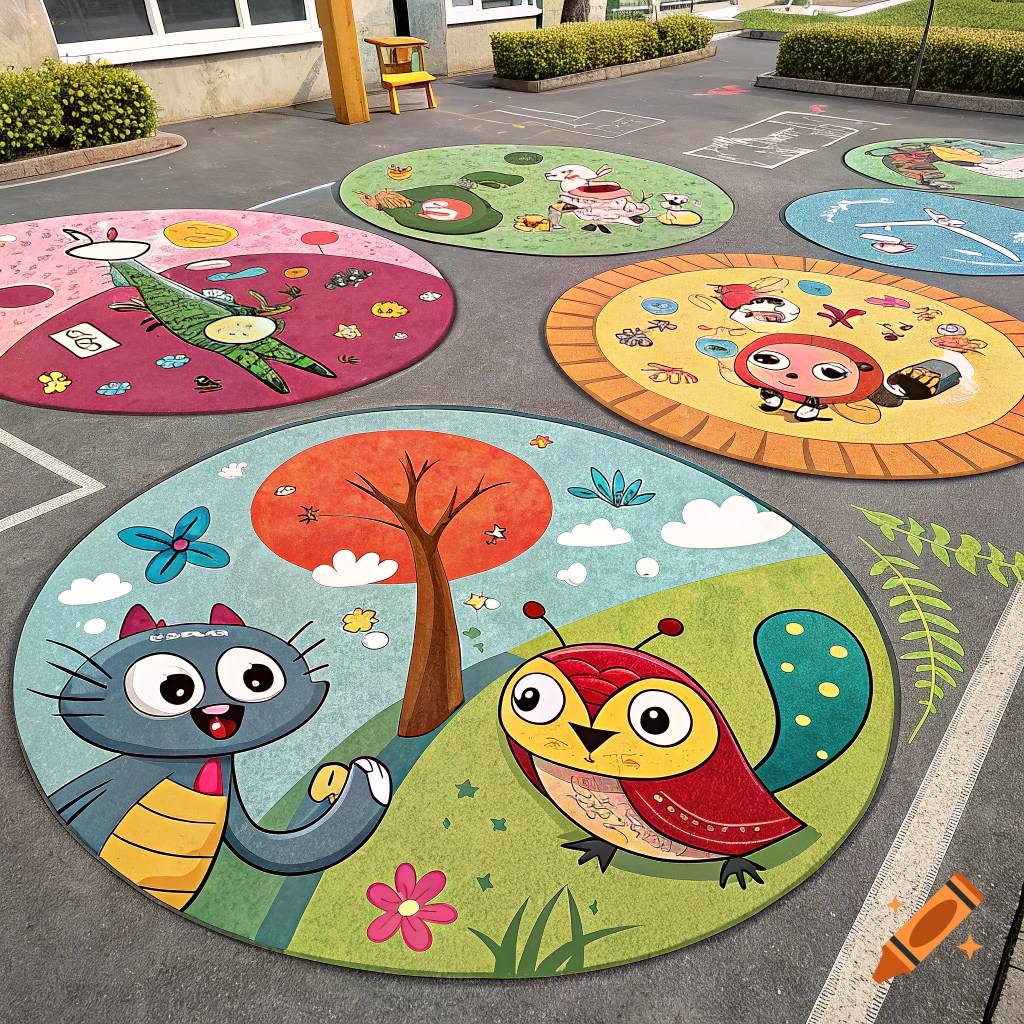 Cartoon animal characters on circular mats on a school playground. on ...