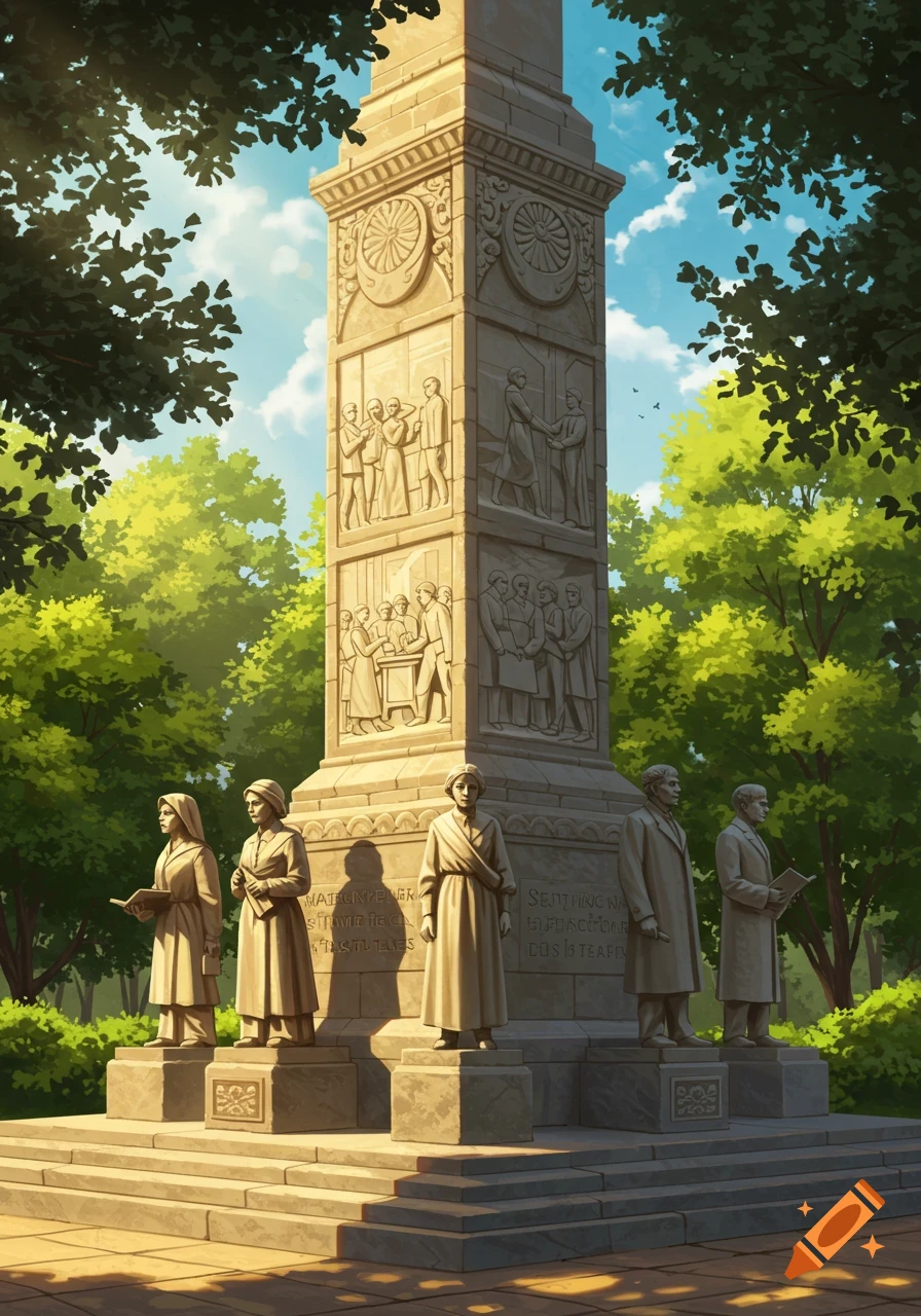 Stone monument with statues and relief carvings in a sunny park setting ...