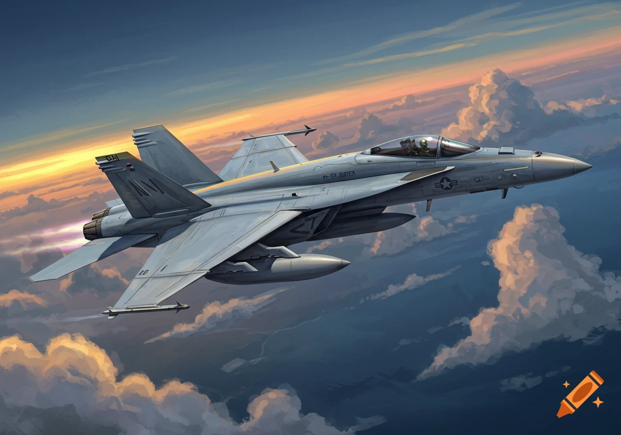 An F18 fighter jet flies through clouds at sunset, illustration. on Craiyon