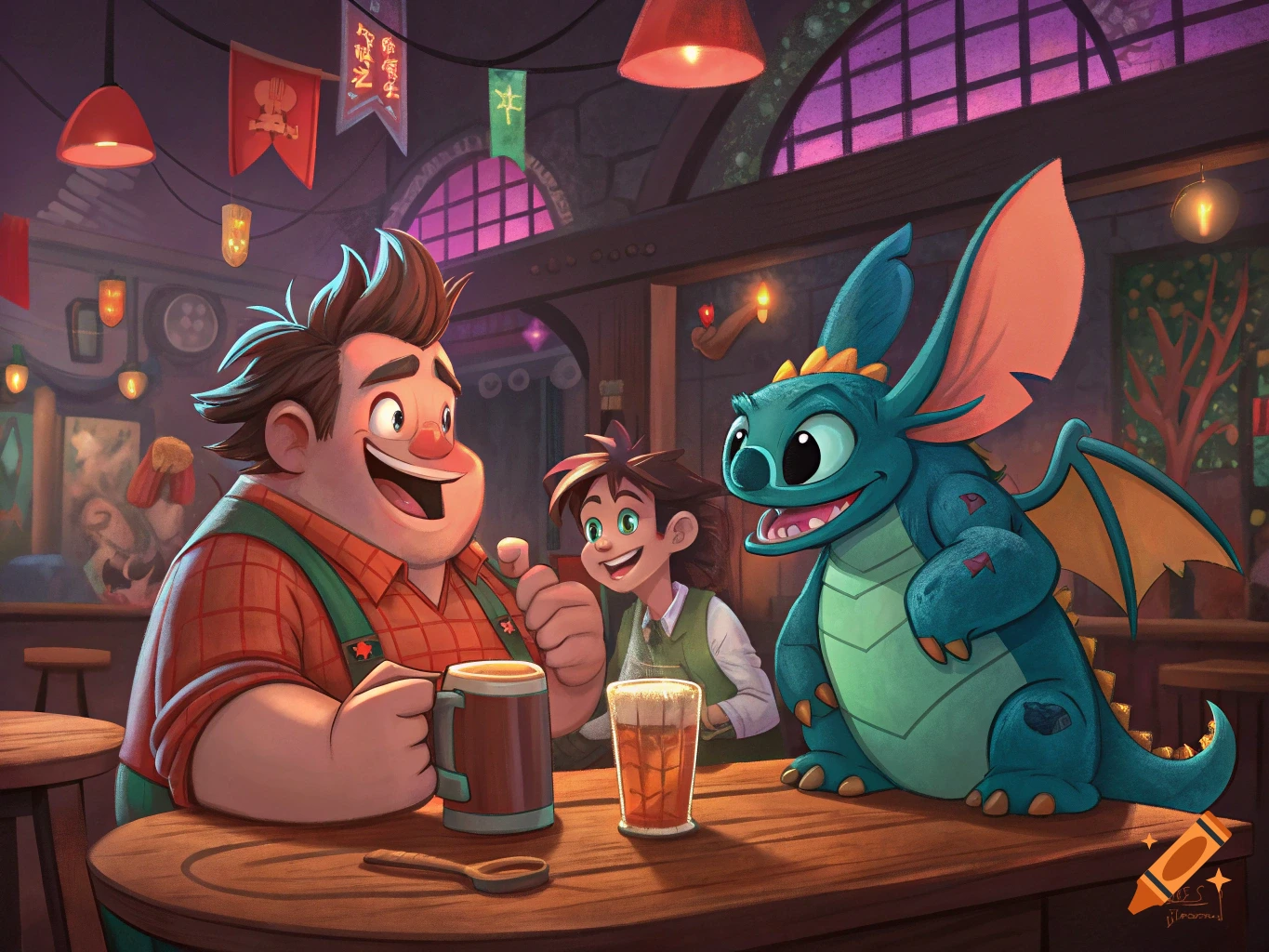 Wreck-It Ralph, Stitch as a dragon, and a person drink at a bar in ...