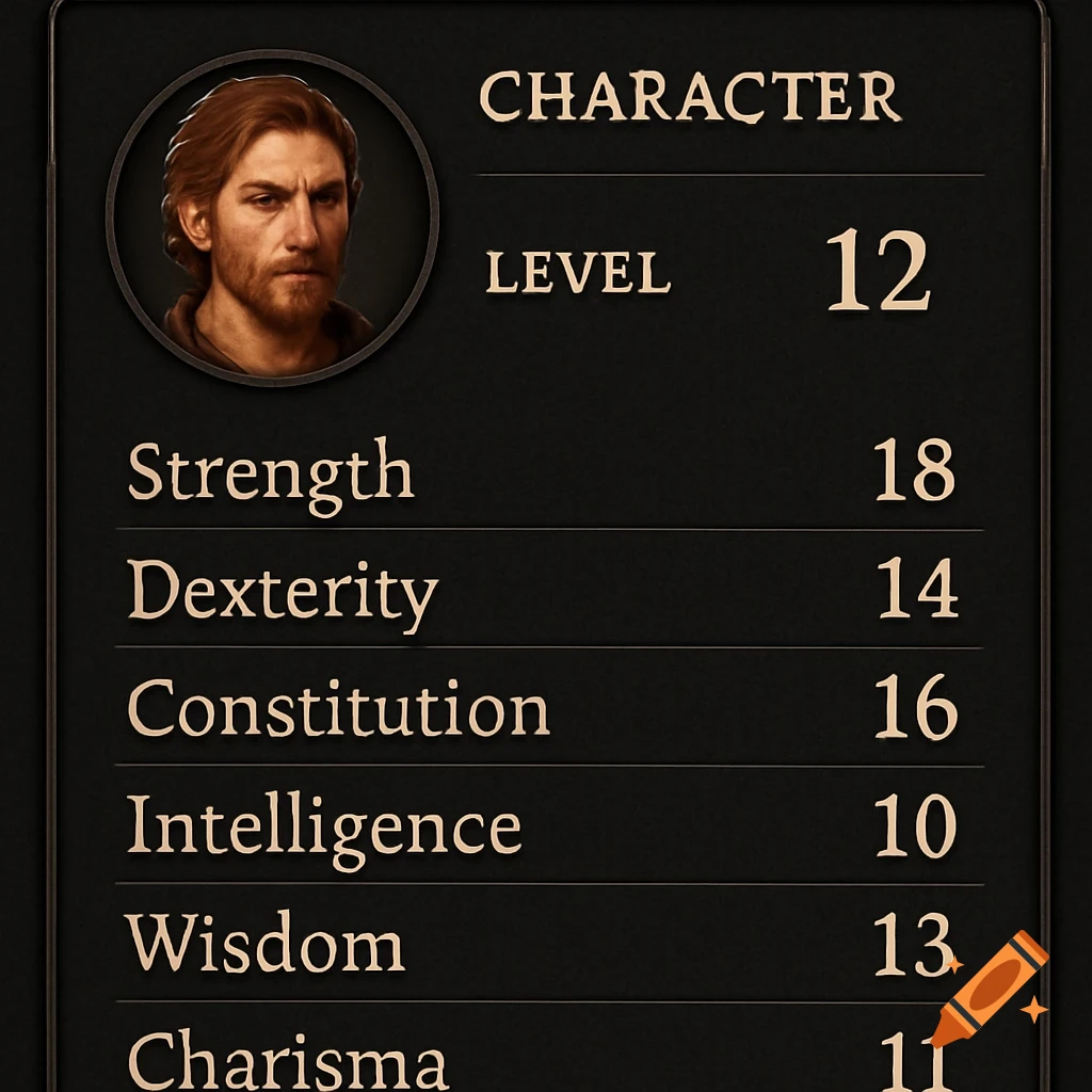 Character stats UI with a portrait of a man and list of attributes like ...