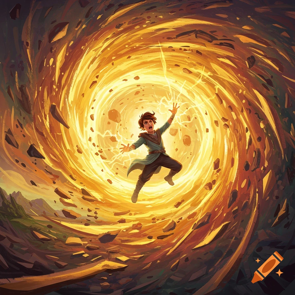 A boy floats in a swirling vortex of light and debris, casting magic ...