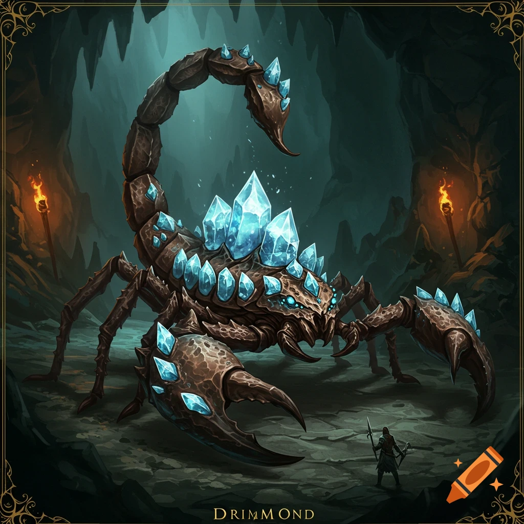Giant crystal scorpion monster in a dark cave with a small human figure ...