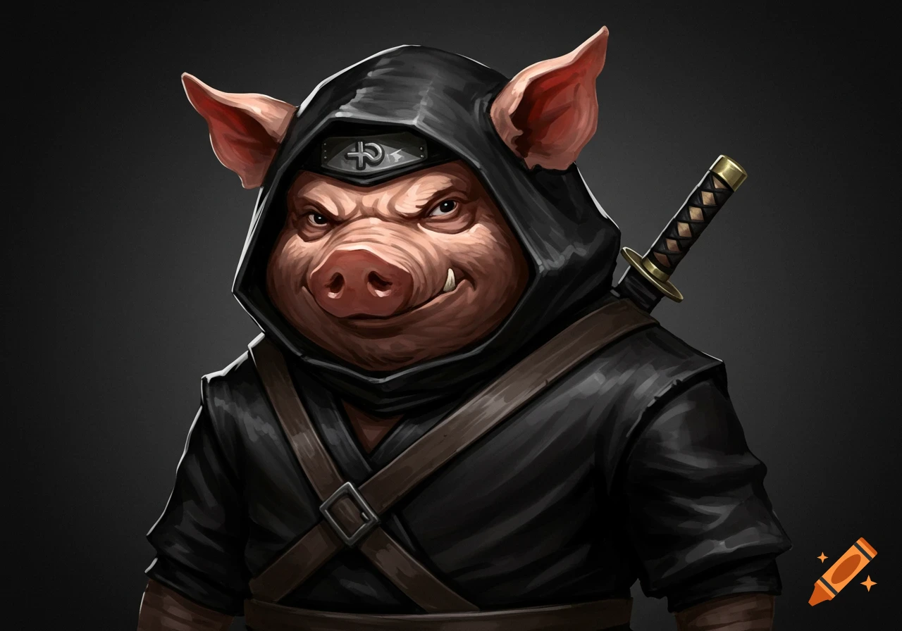 Cartoon pig dressed as a ninja with a sword on its back. on Craiyon