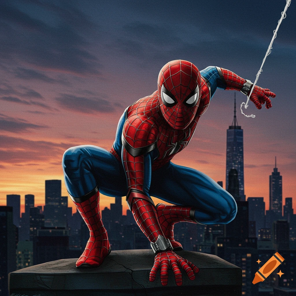 Spider-Man crouches on a rooftop overlooking a city at sunset ...