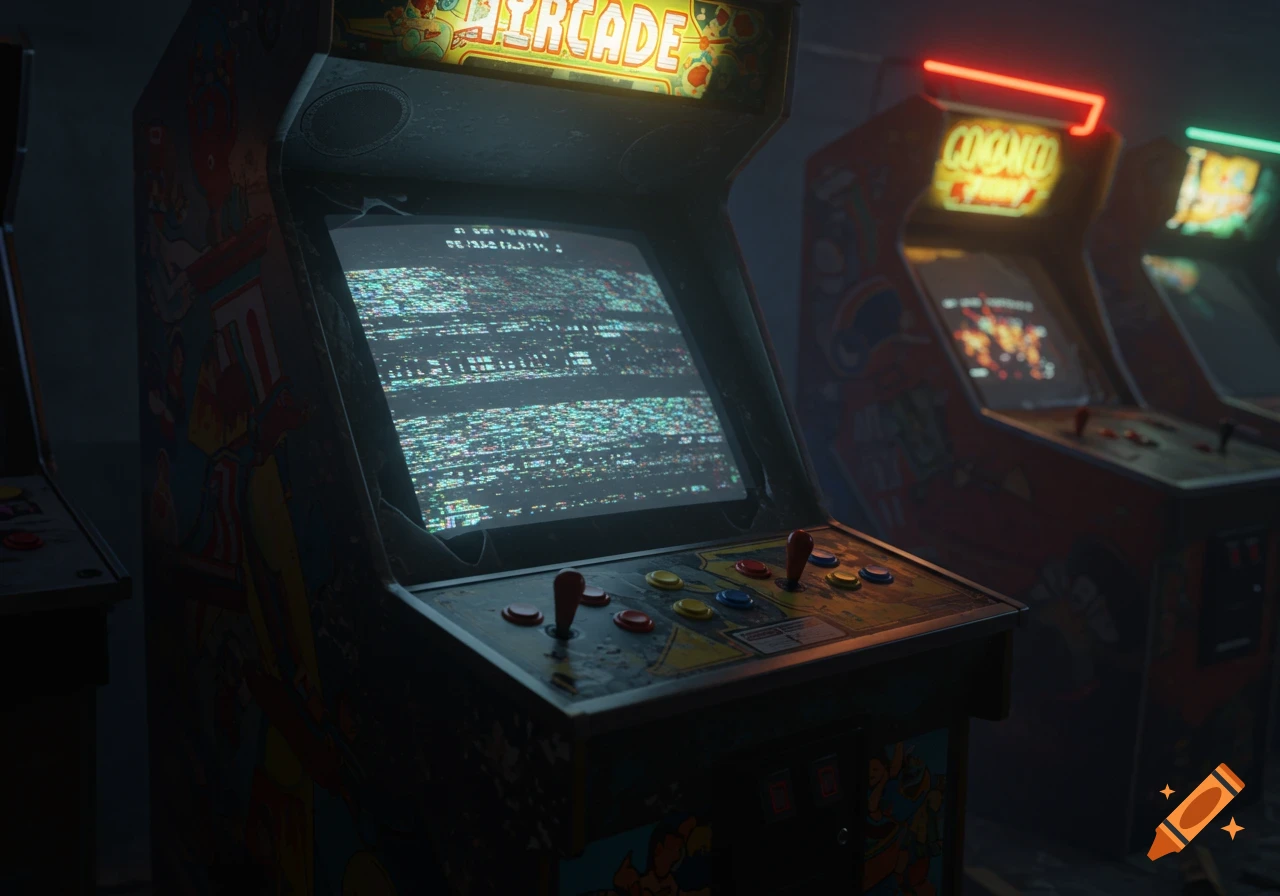 Close up of an arcade machine with a glitching screen in a dark room ...