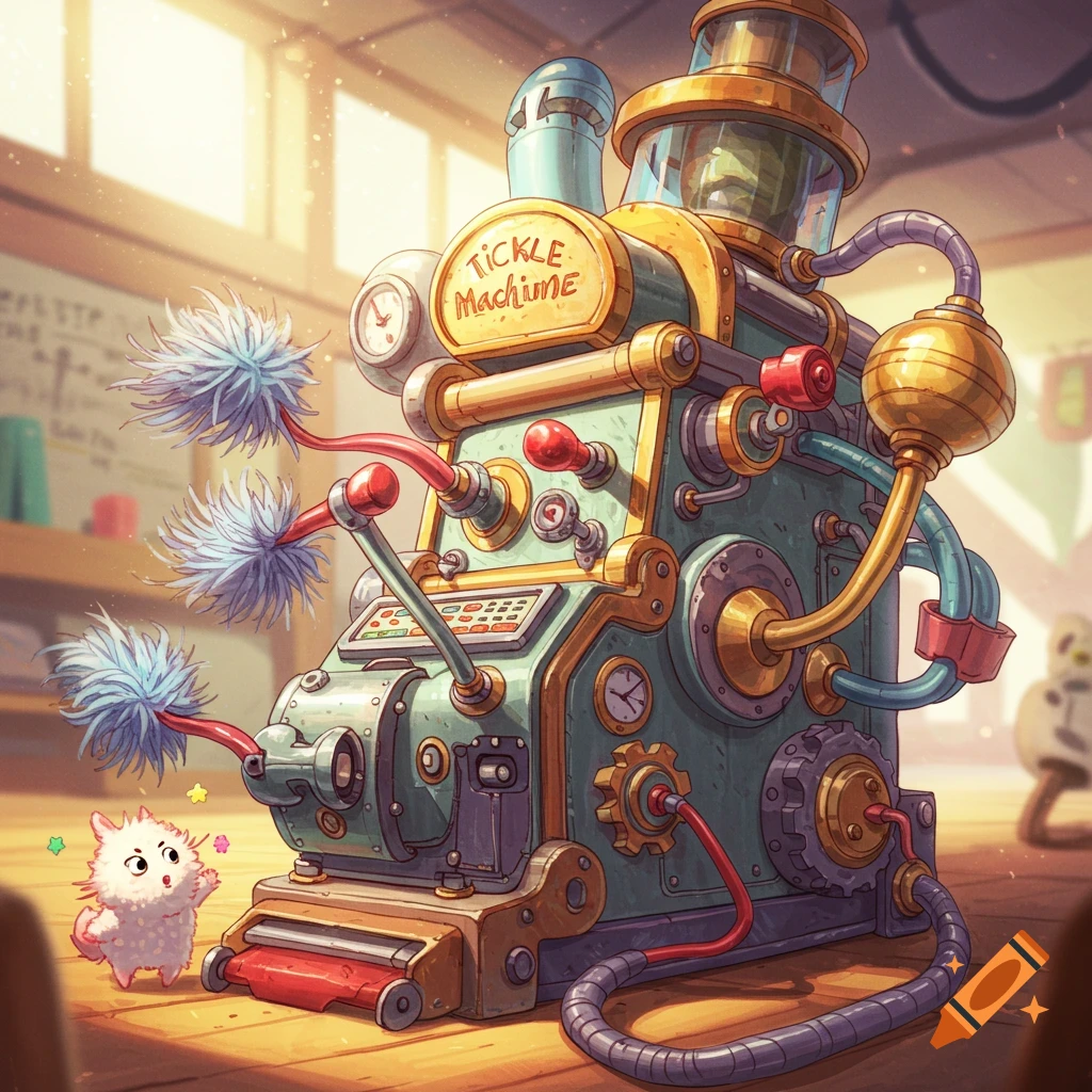 Cartoon tickle machine with fluffy arms and a small creature in a ...