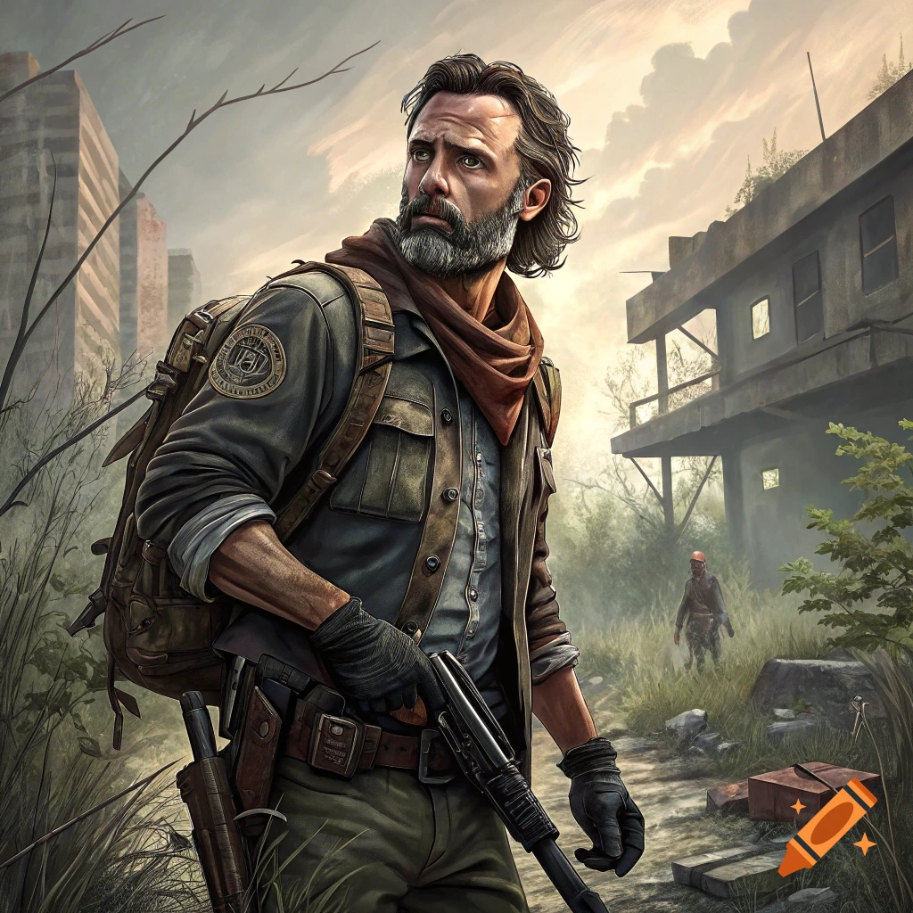Illustration of a man resembling Rick Grimes with a shotgun in a post ...