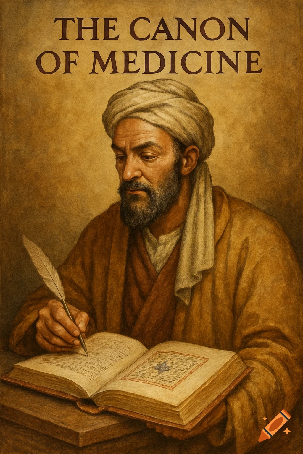 Painting of Avicenna writing in 'The Canon of Medicine' book. on Craiyon