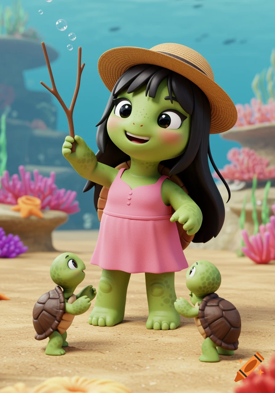 A 3D cartoon of a larger turtle character in a pink dress and sun hat ...