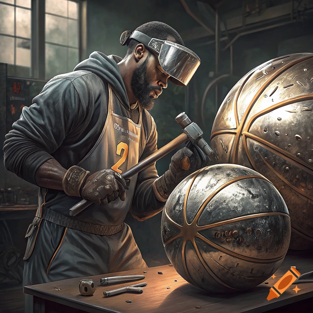 Man in welding mask and apron hammers a metal basketball. on Craiyon