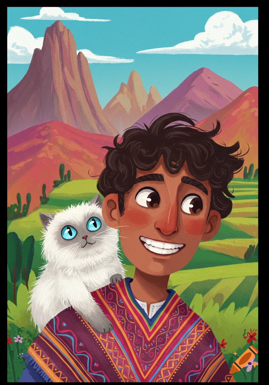 Illustration of a person wearing a colorful poncho with a cat on their ...