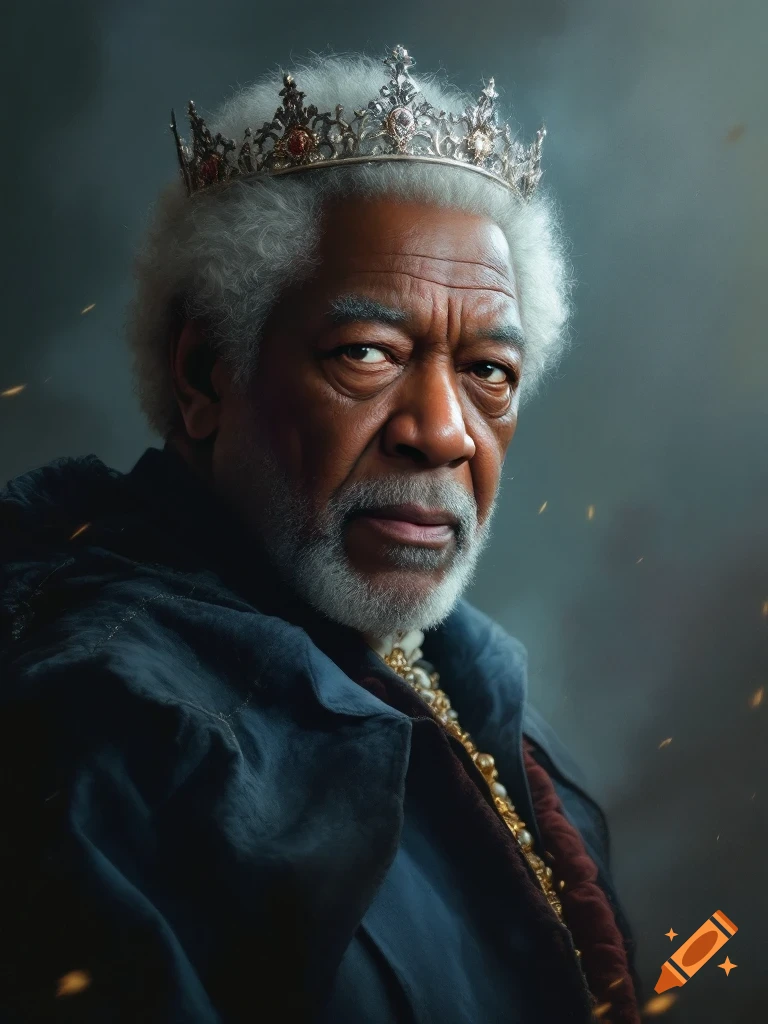 Morgan Freeman portrayed as a king wearing a crown and robe on Craiyon