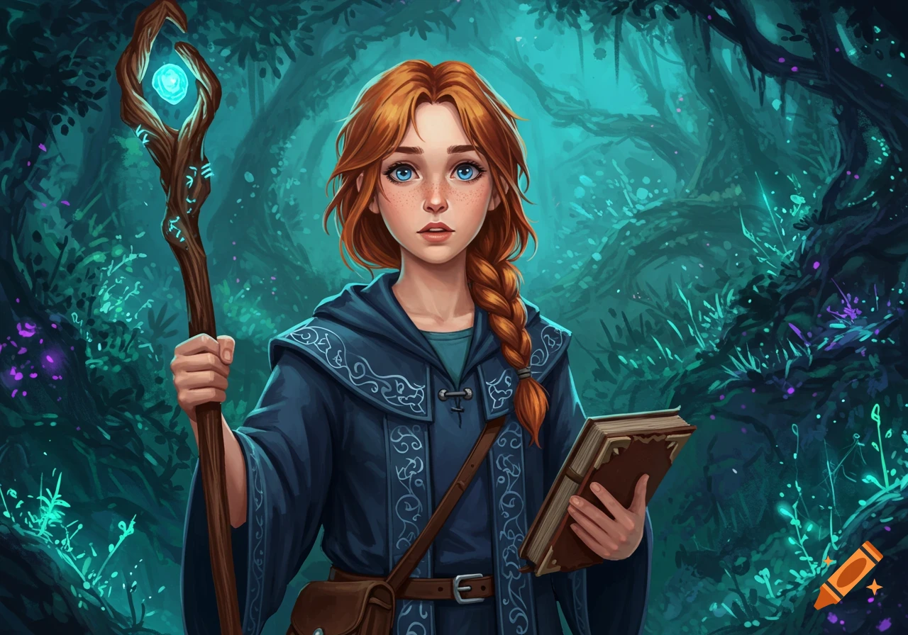 A young red-haired wizard apprentice holding a staff and book in a ...