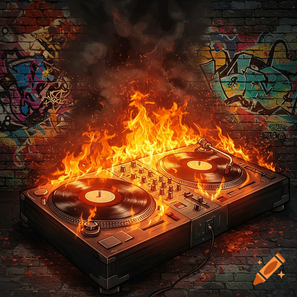 Turntables on fire in front of a graffiti brick wall. on Craiyon