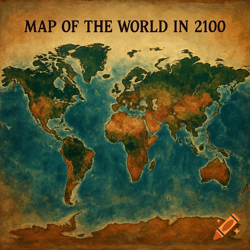 Vintage style world map with text 'MAP OF THE WORLD IN 2100' on Craiyon