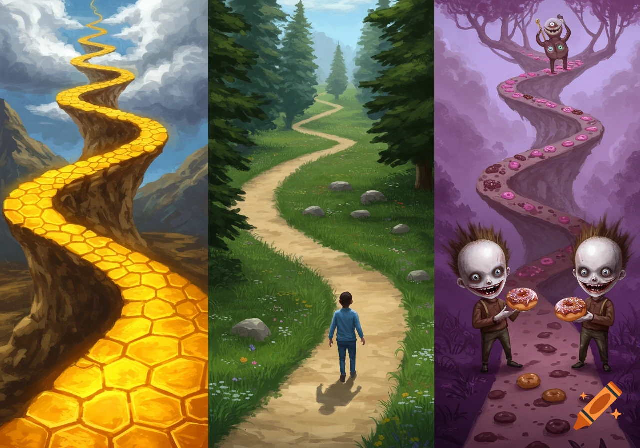 Three vertical panels show different paths: a golden winding road up a ...