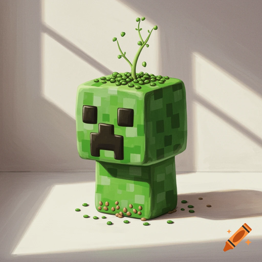 A Minecraft Creeper head styled as a clay chia pet with a green sprout ...