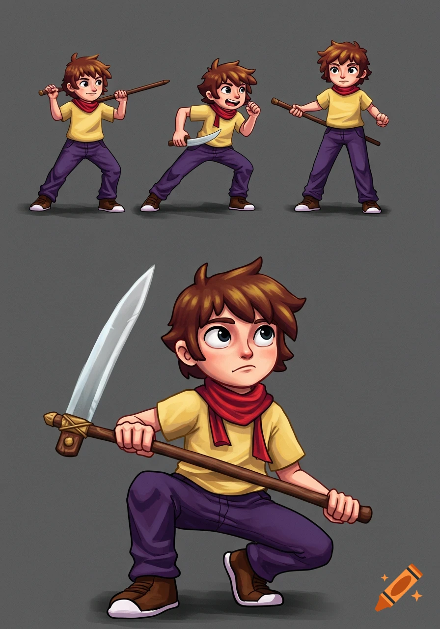 Cartoon character sprite sheet showing a boy in various poses holding a ...