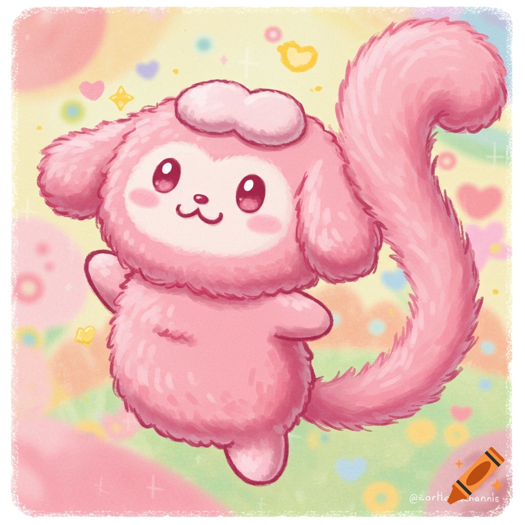 A cute fluffy pink cartoon animal with large eyes in a pastel ...