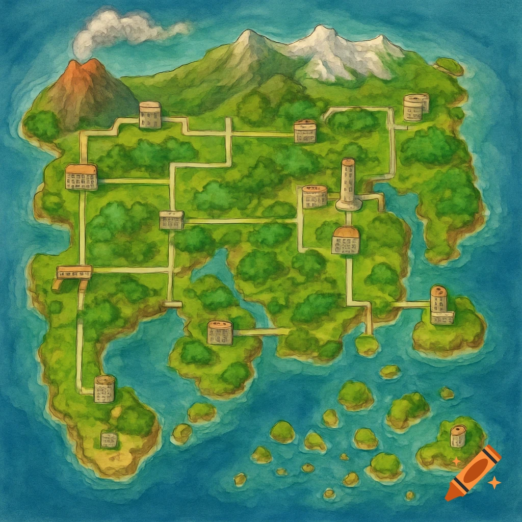 Stylized map of a fictional island region with mountains, volcano ...
