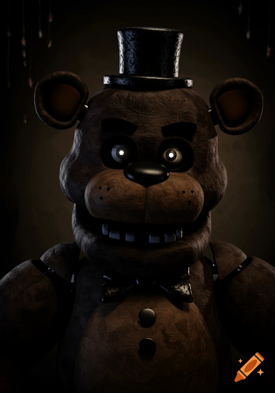 Close-up of a realistic Freddy Fazbear with glowing eyes in the dark ...