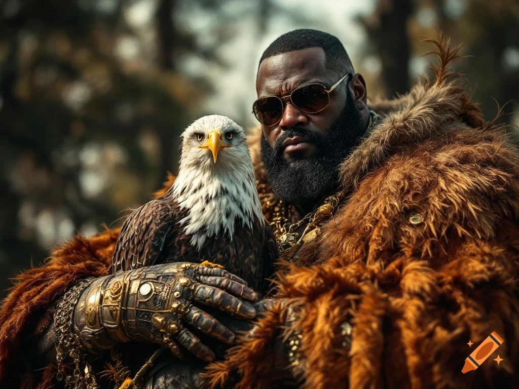 Man resembling Rick Ross in a fur coat and armor holding a bald eagle ...
