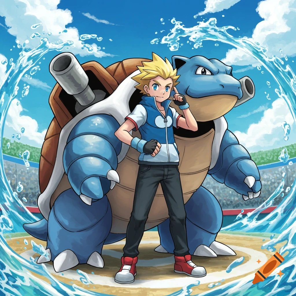 Anime illustration of a young trainer standing with his Blastoise in a ...