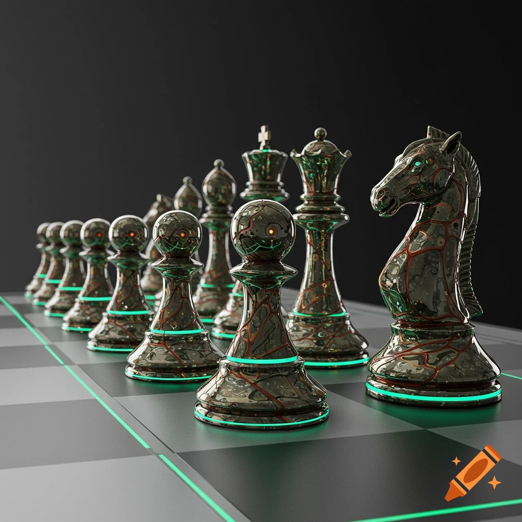 Futuristic chess pieces with glowing green accents on a chessboard on ...