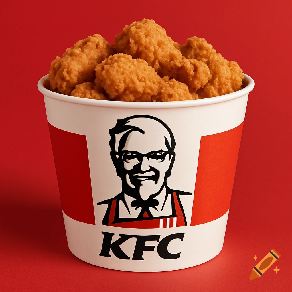 A KFC bucket filled with fried chicken pieces on a red background. on Craiyon