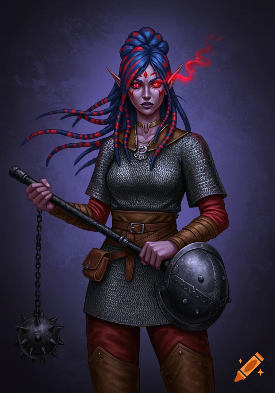 A half-elf woman with indigo hair and red stripes, glowing red eyes ...