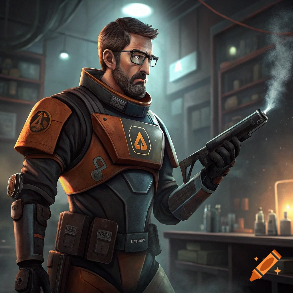 Gordon Freeman in HEV suit holds a gun in a lab on Craiyon