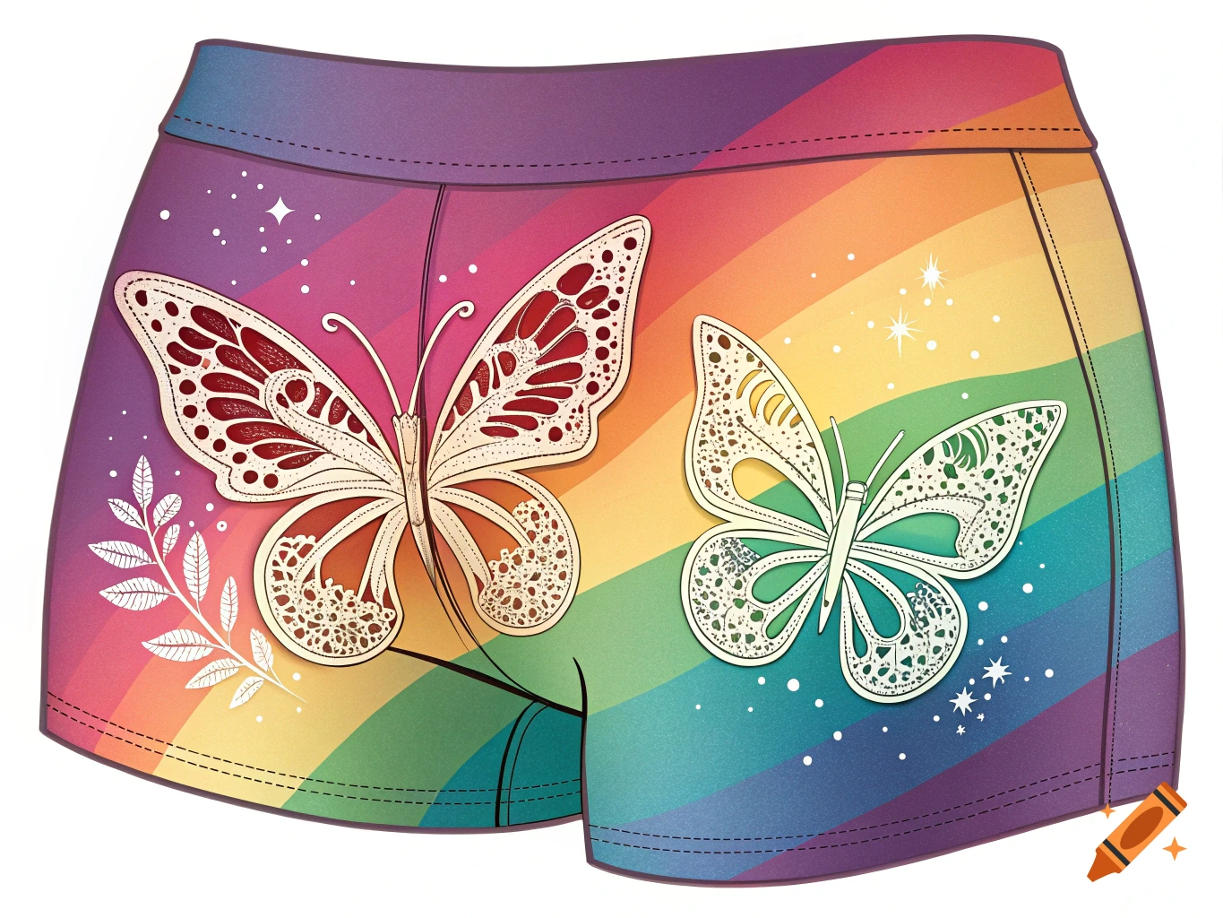 Rainbow colored shorts with intricate lace butterfly designs and ...