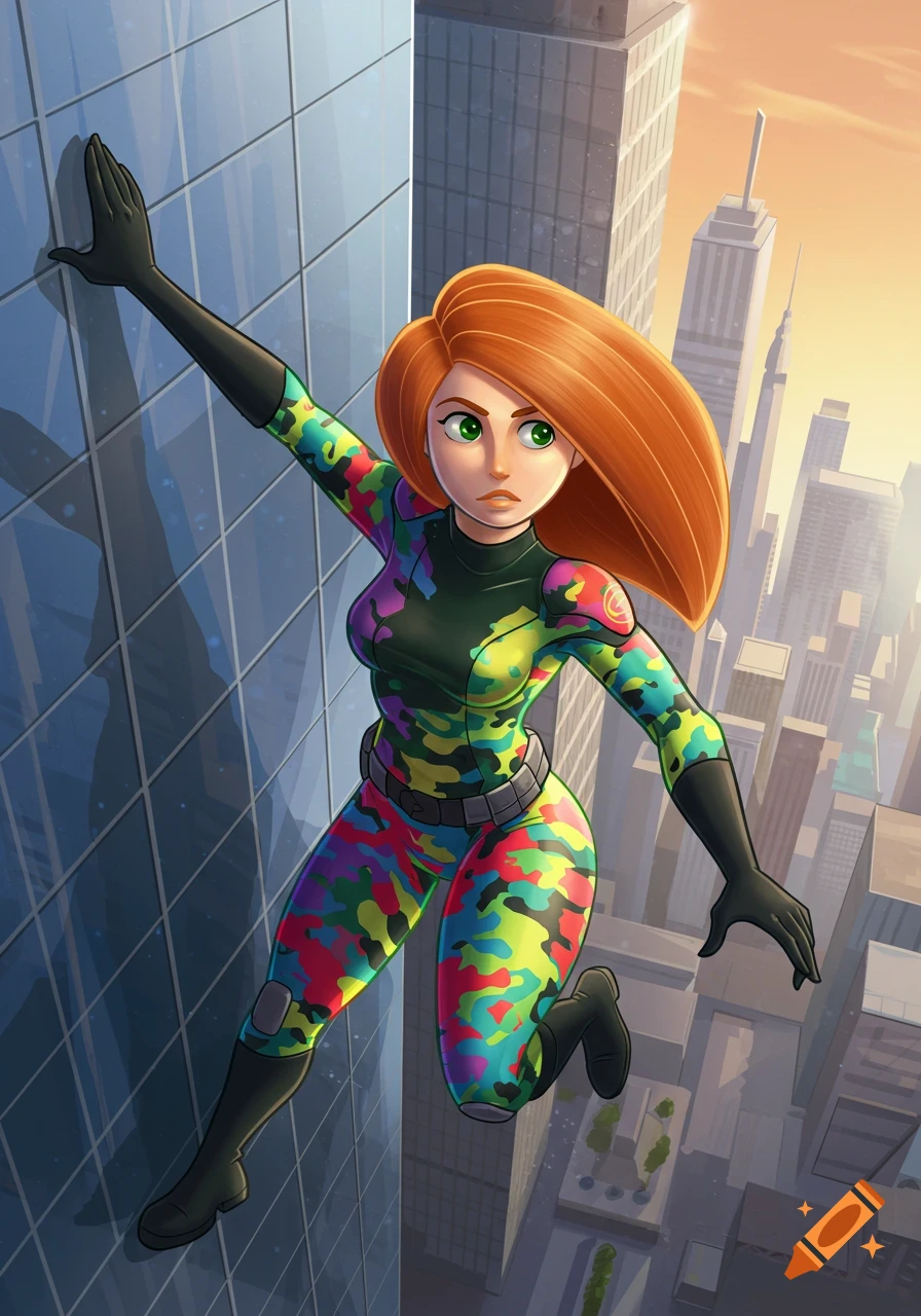 Cartoon illustration of Kim Possible in a rainbow camo suit climbing ...