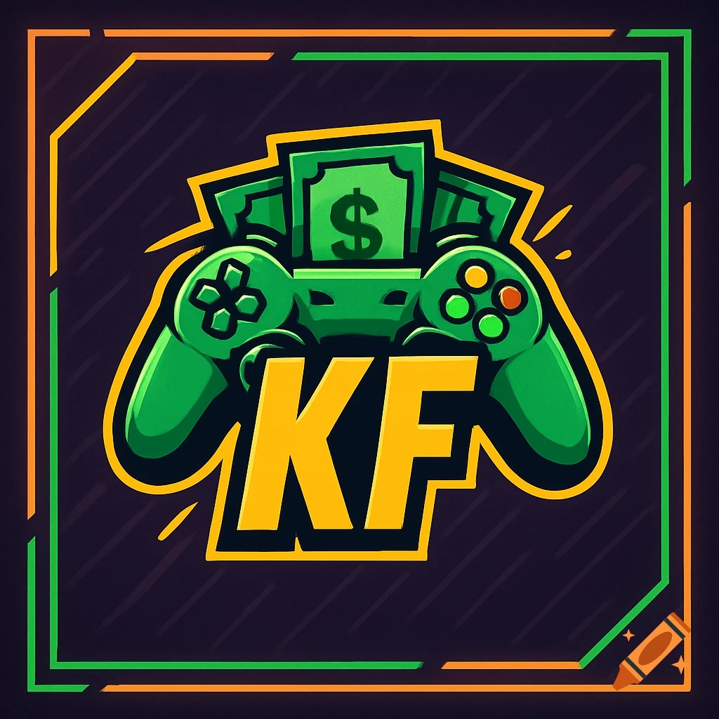 A gaming logo featuring a controller, money, and the letters KF. on Craiyon