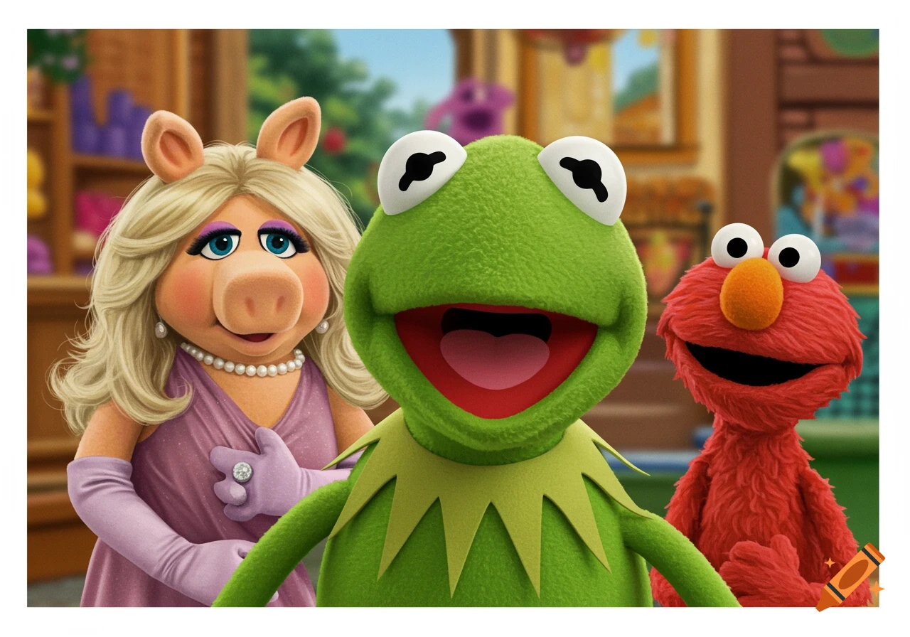 Miss Piggy, Kermit the Frog, and Elmo smiling together. on Craiyon