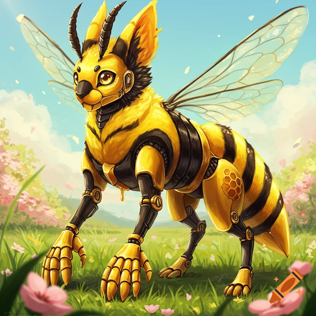 A digital painting of a bee-themed protogen standing in a flower-filled ...