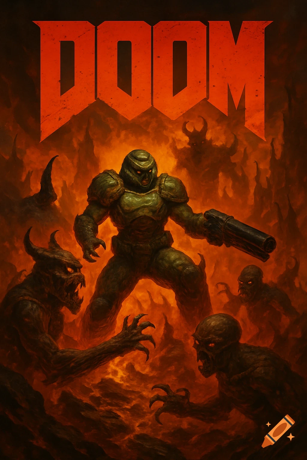 DOOM title above the Doom Slayer fighting demons in a fiery, hellish ...