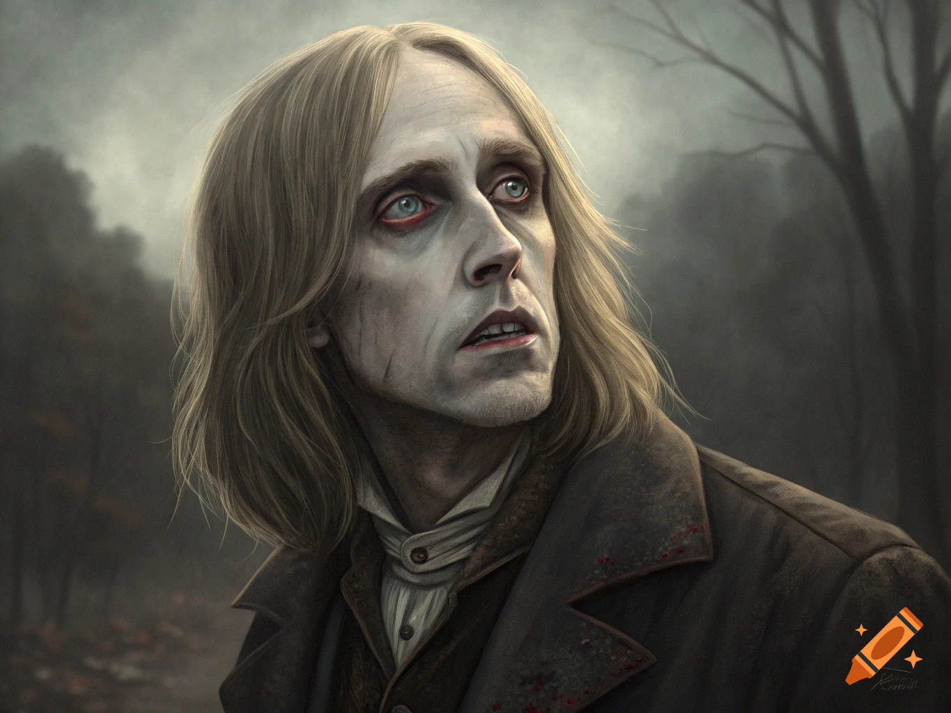 Digital painting of a pale, gaunt man with blonde hair and red eyes in ...