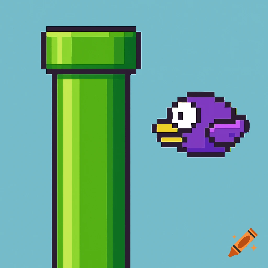 Purple pixel art bird flies past a green pipe. on Craiyon