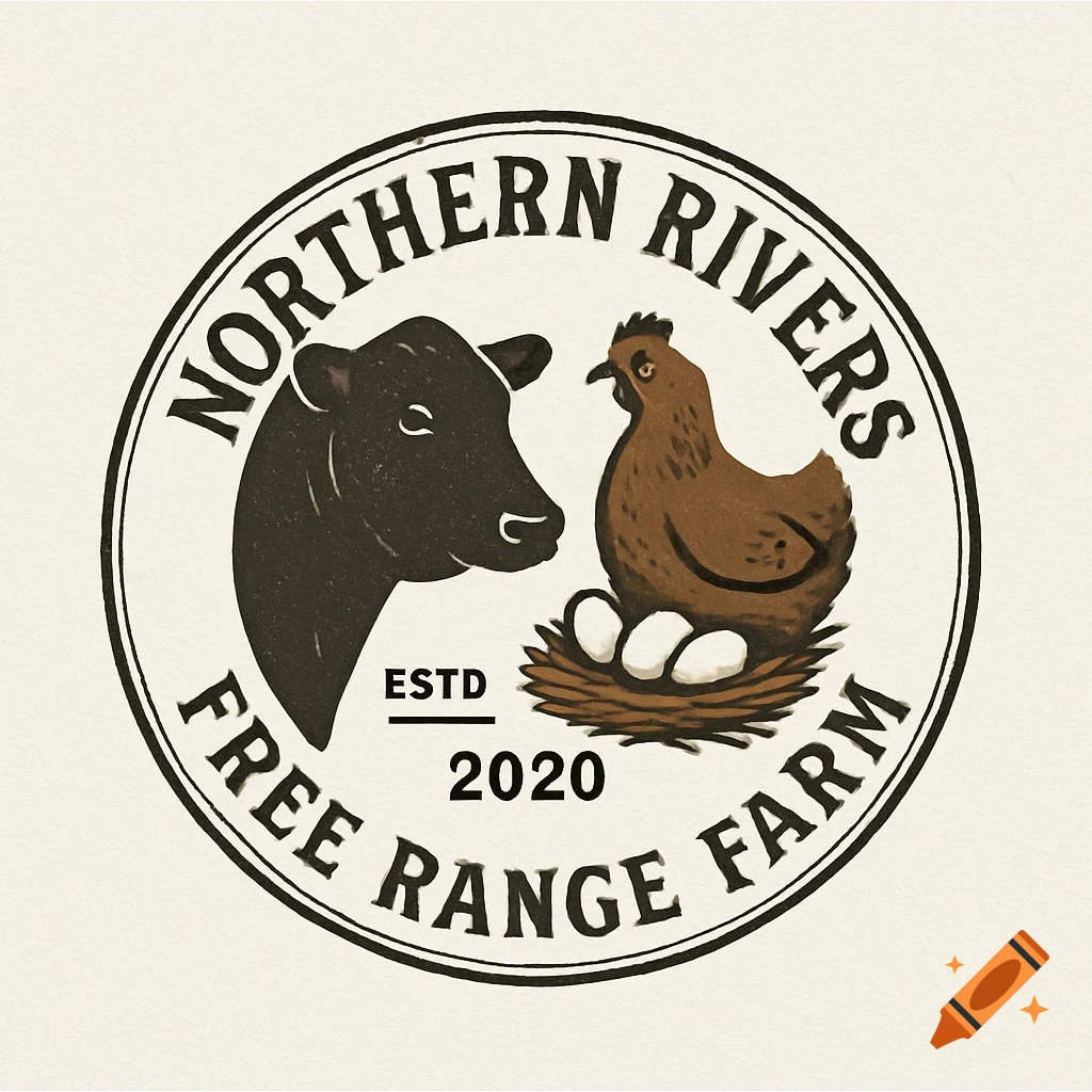 Vintage circular farm logo with a cow, hen, eggs, and text. on Craiyon