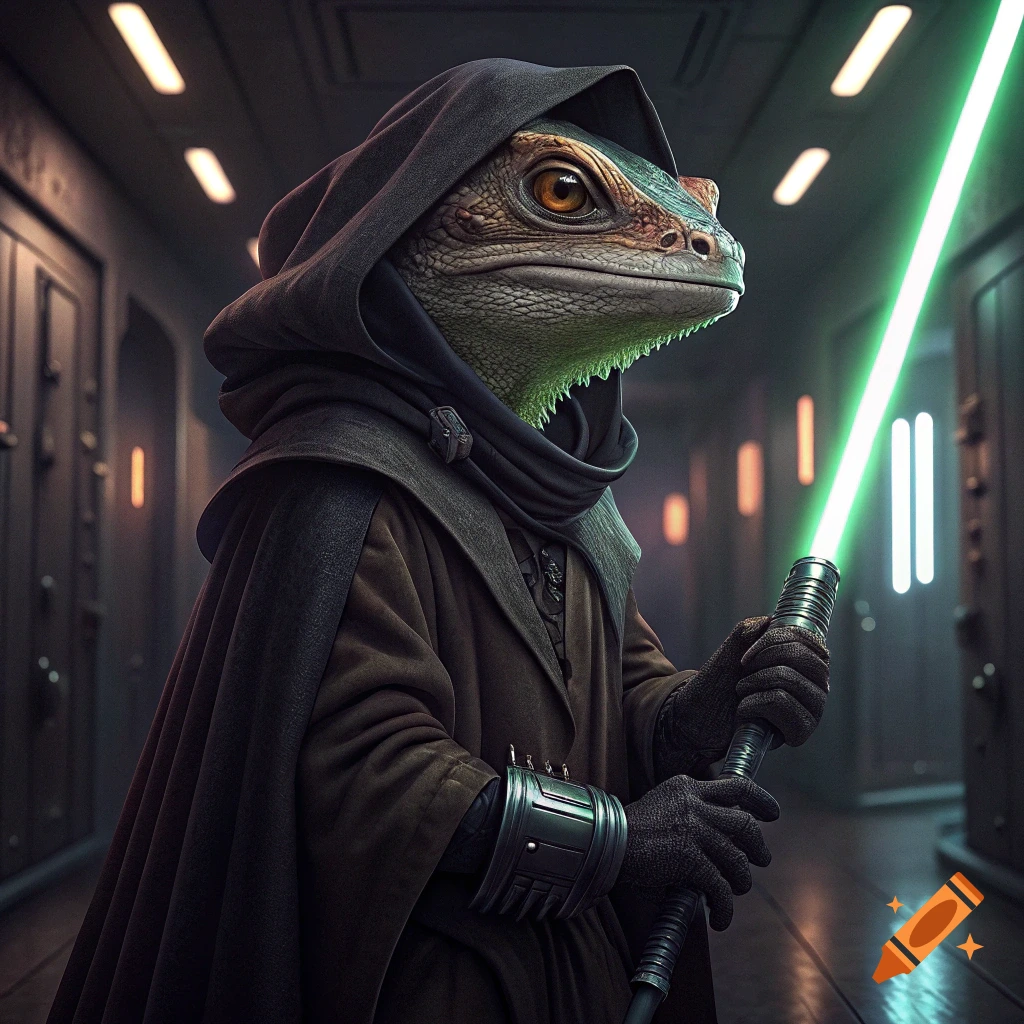 A hooded gecko character holds a green lightsaber in a futuristic ...