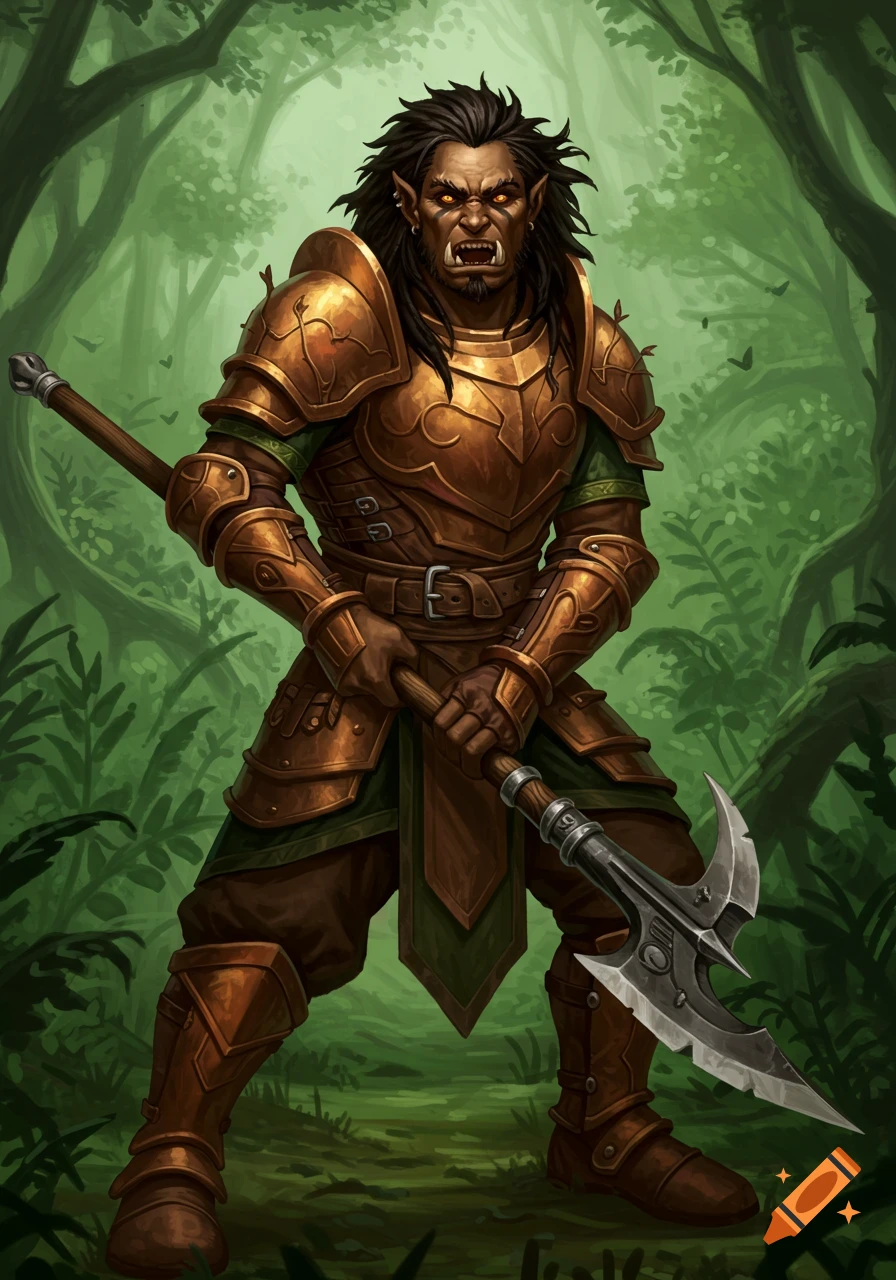 A fantasy half-orc druid in golden armor holding a glaive in a forest ...