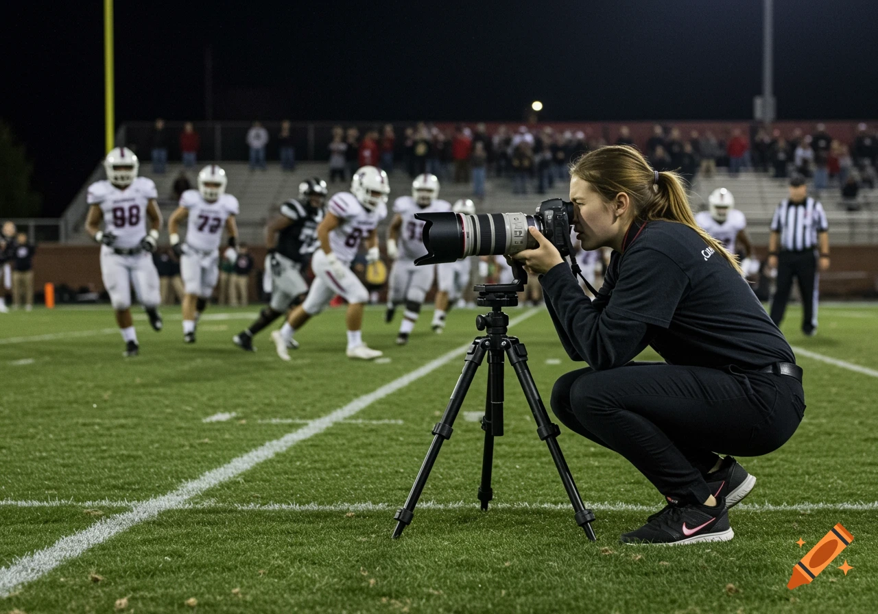 Female photographer shooting high school football game from sideline at ...