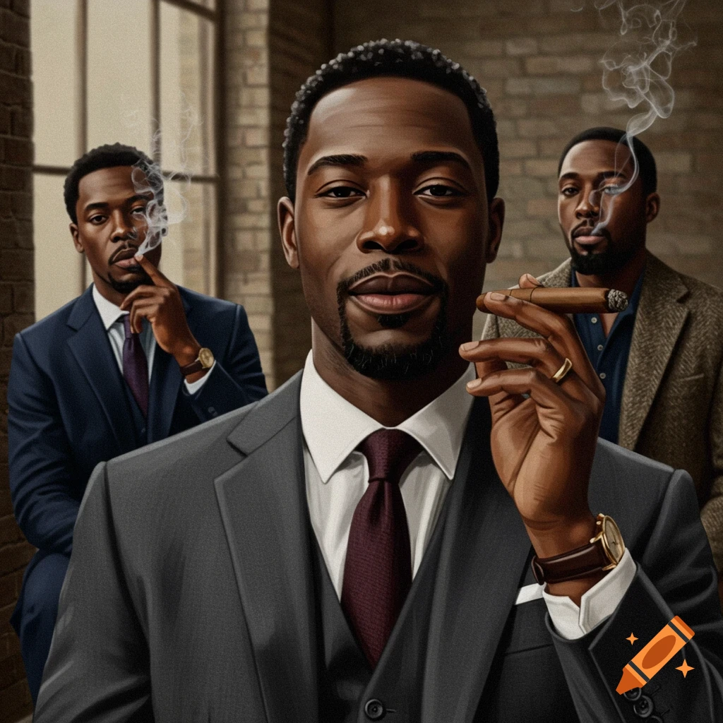 Three men in suits smoking cigars in an office setting. on Craiyon