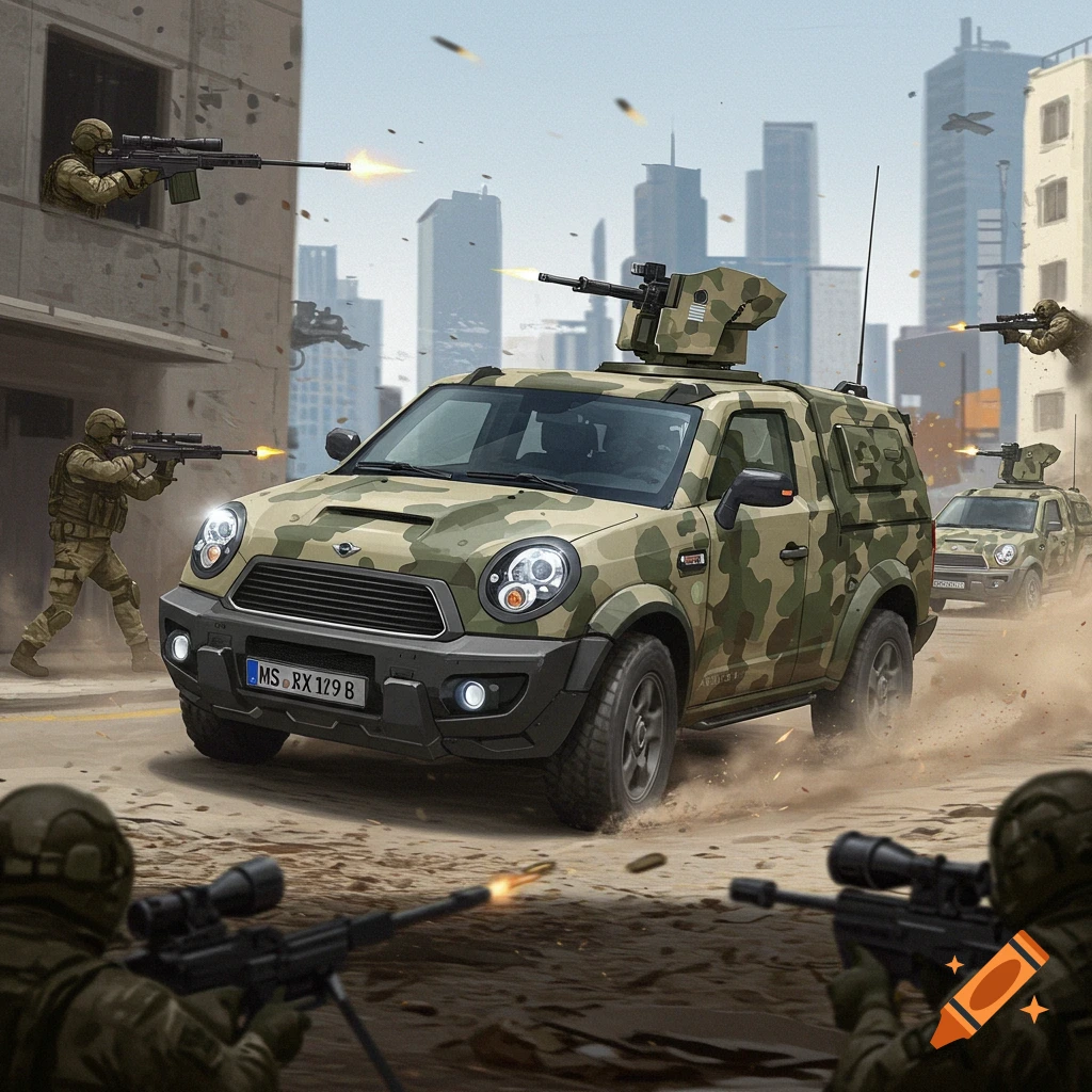 Military vehicles and soldiers engage in urban combat with gunfire. on ...