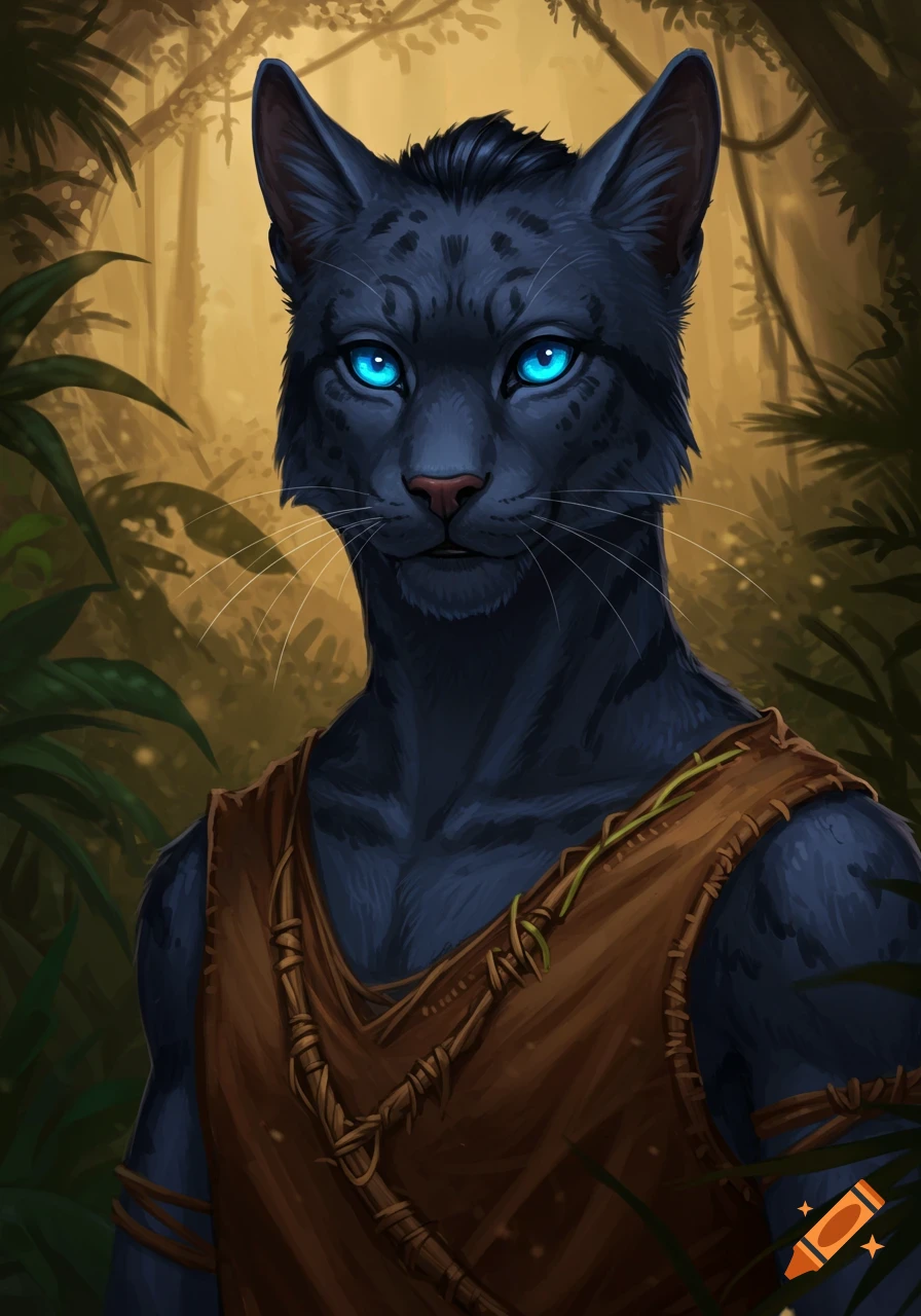 Portrait of a dark blue male tabaxi character with bright blue eyes in ...