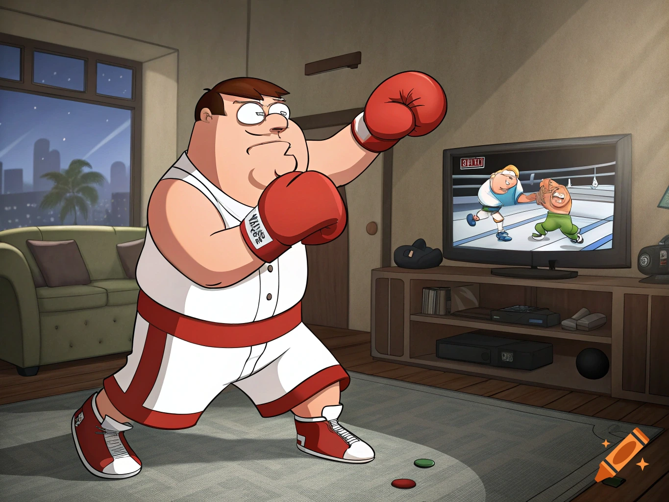 Cartoon character resembling Peter Griffin in boxing gear poses in a ...