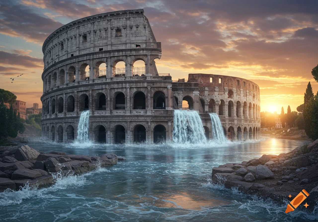 Photorealistic image of the Roman Colosseum with waterfalls flowing ...